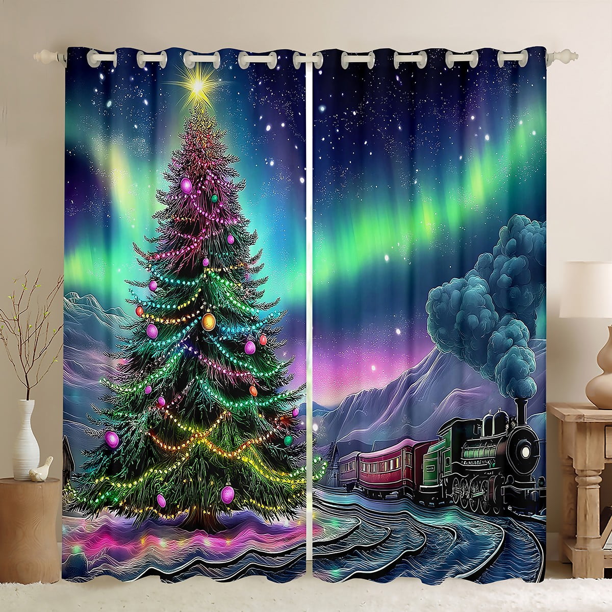Erosebridal Xmas Tree Curtains for Living Room, Psychedelic Aurora 30% ...
