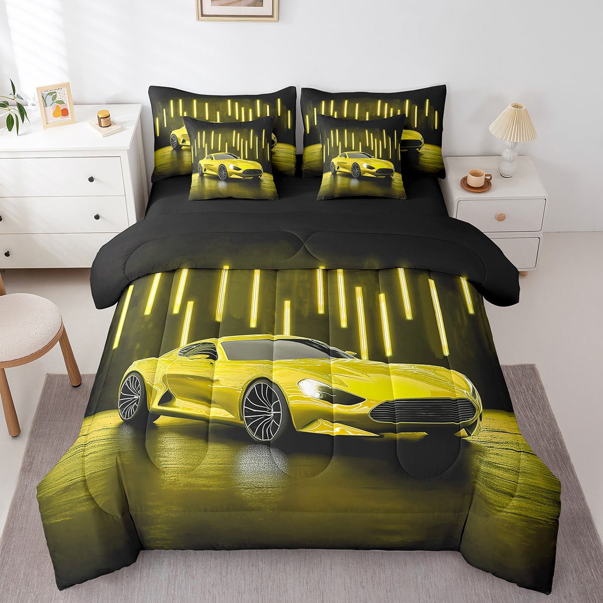 Erosebridal Yellow Sports Car Bedding Sets King Size, Racing Car Race ...