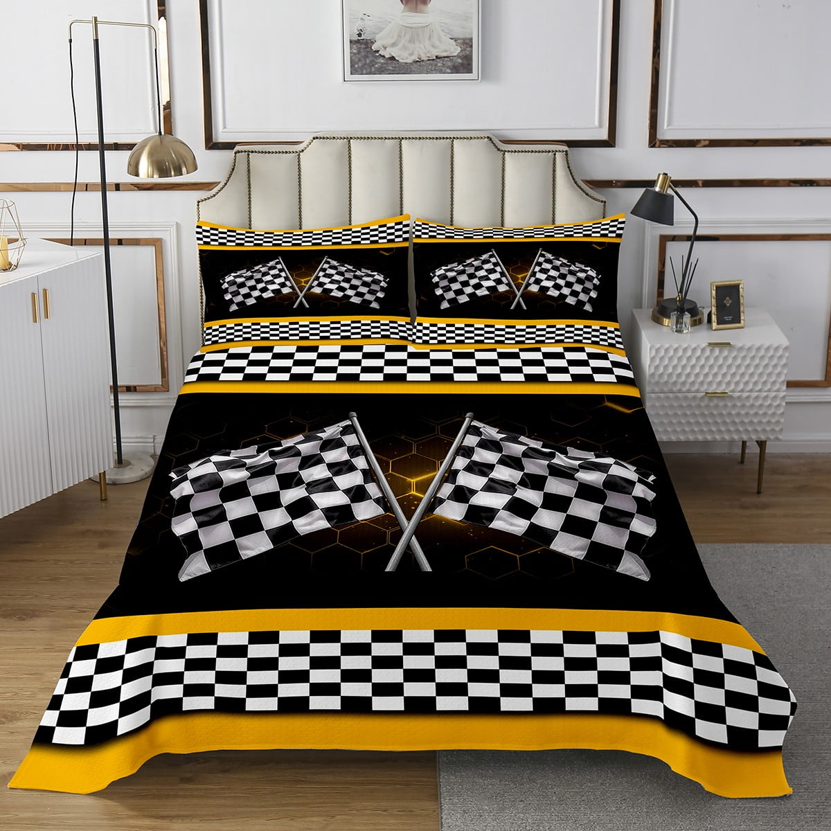 Erosebridal Yellow Stripes Geometric Bedspread Sets King Size, Race Car ...