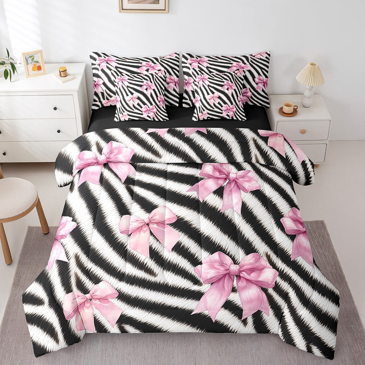 Erosebridal Zebra Print Bedding Sets Twin Size,Cartoon Bow Comforter ...