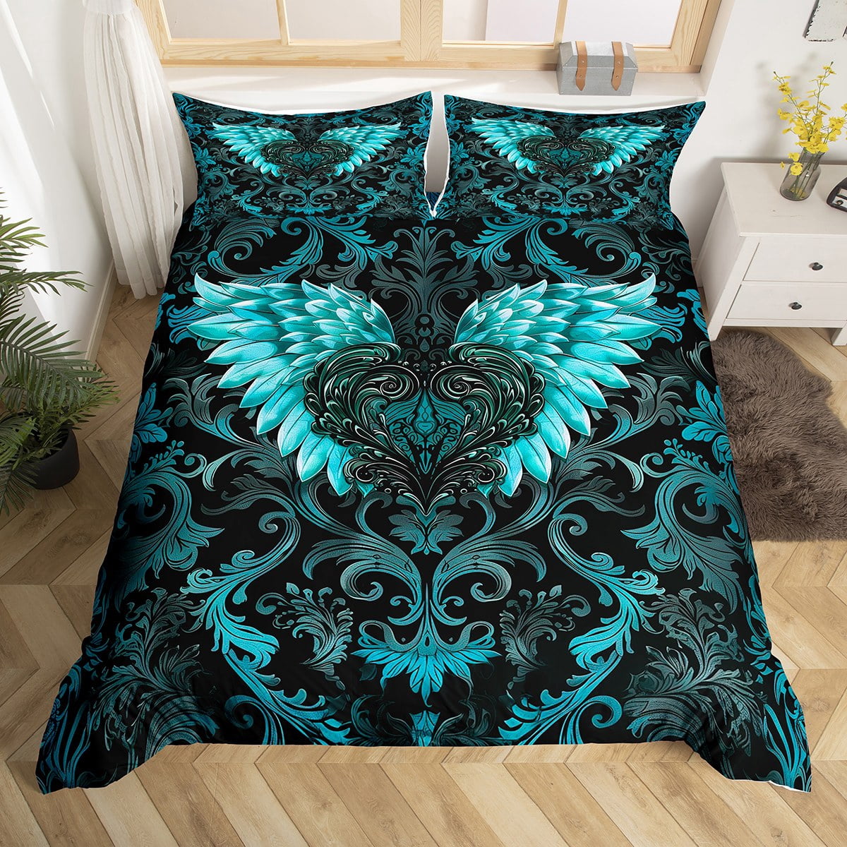 Erosebridal cyan Loving Heart Comforter Cover Full,Gray Feather Wings ...