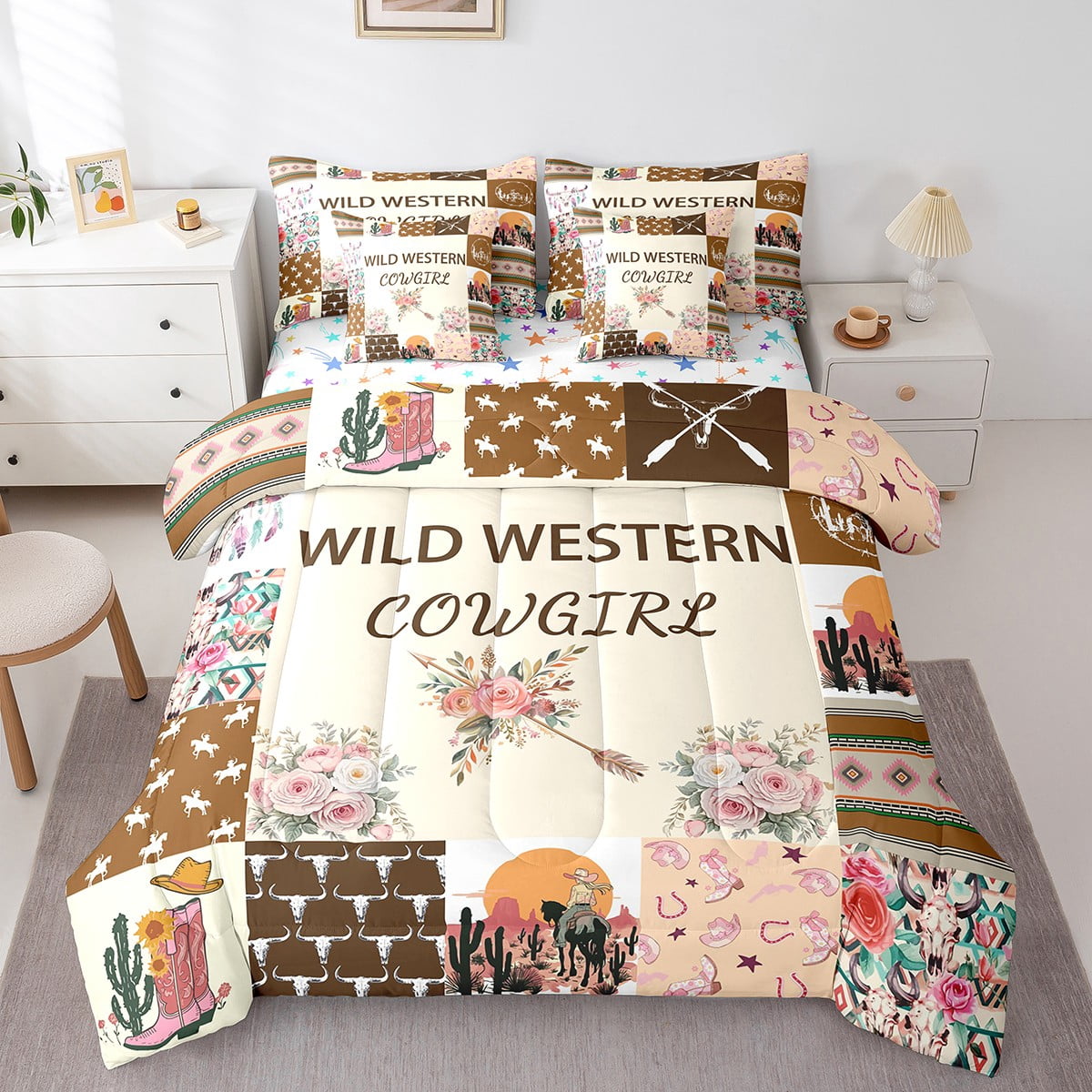 Erosebridal tan geometric grid Bed in a Bag Twin Size,Cowgirl Bull ...