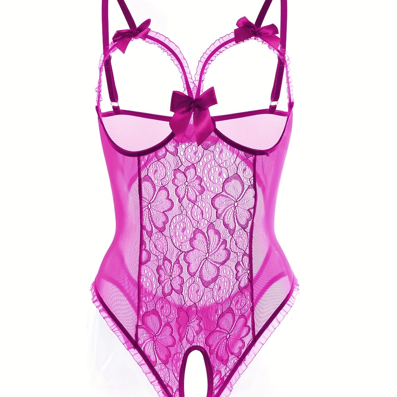 Erotic Floral Lace Bow Mesh Teddy Hollow Out Open Bust Open Crotch