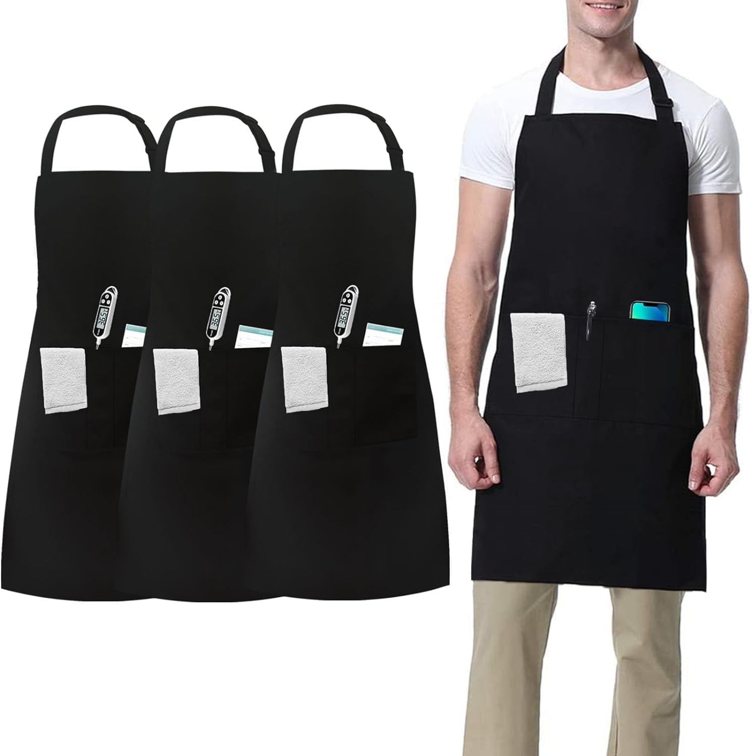 "Erpangdo 3 Pack Chef Apron, Cotton Polyester Adjustable Aprons, Plus ...