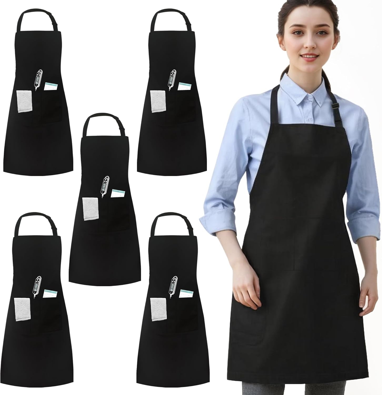 Erpangdo 5 Pack Black Chef Apron, Adjustable Apron with 3 Pockets ...