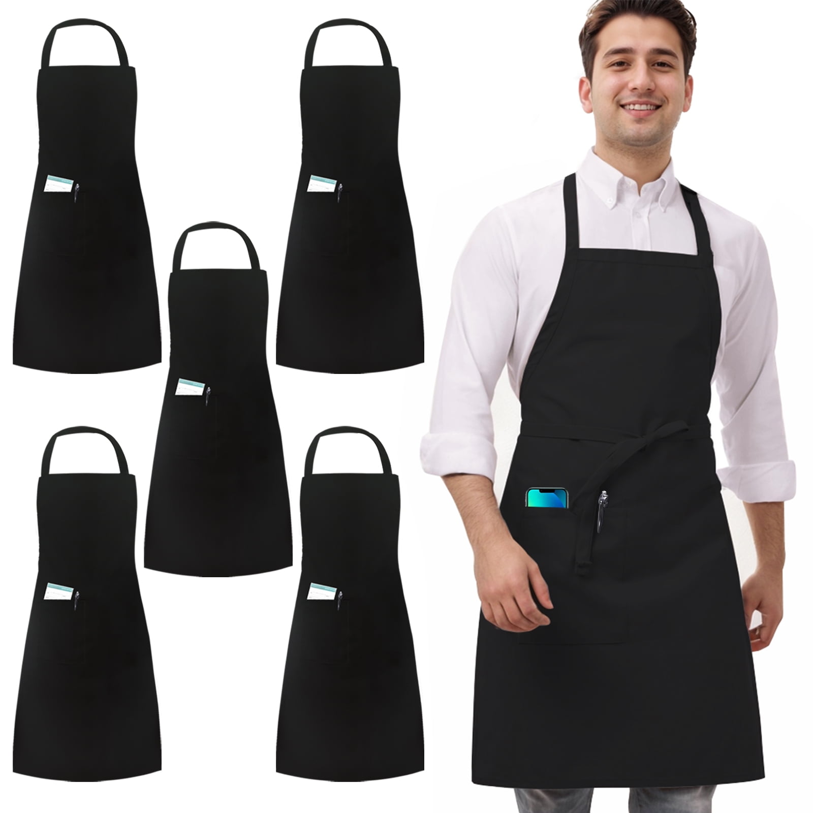 Erpangdo 5 Pack Black Chef Aprons, Catering Aprons, Kitchen Cooking ...