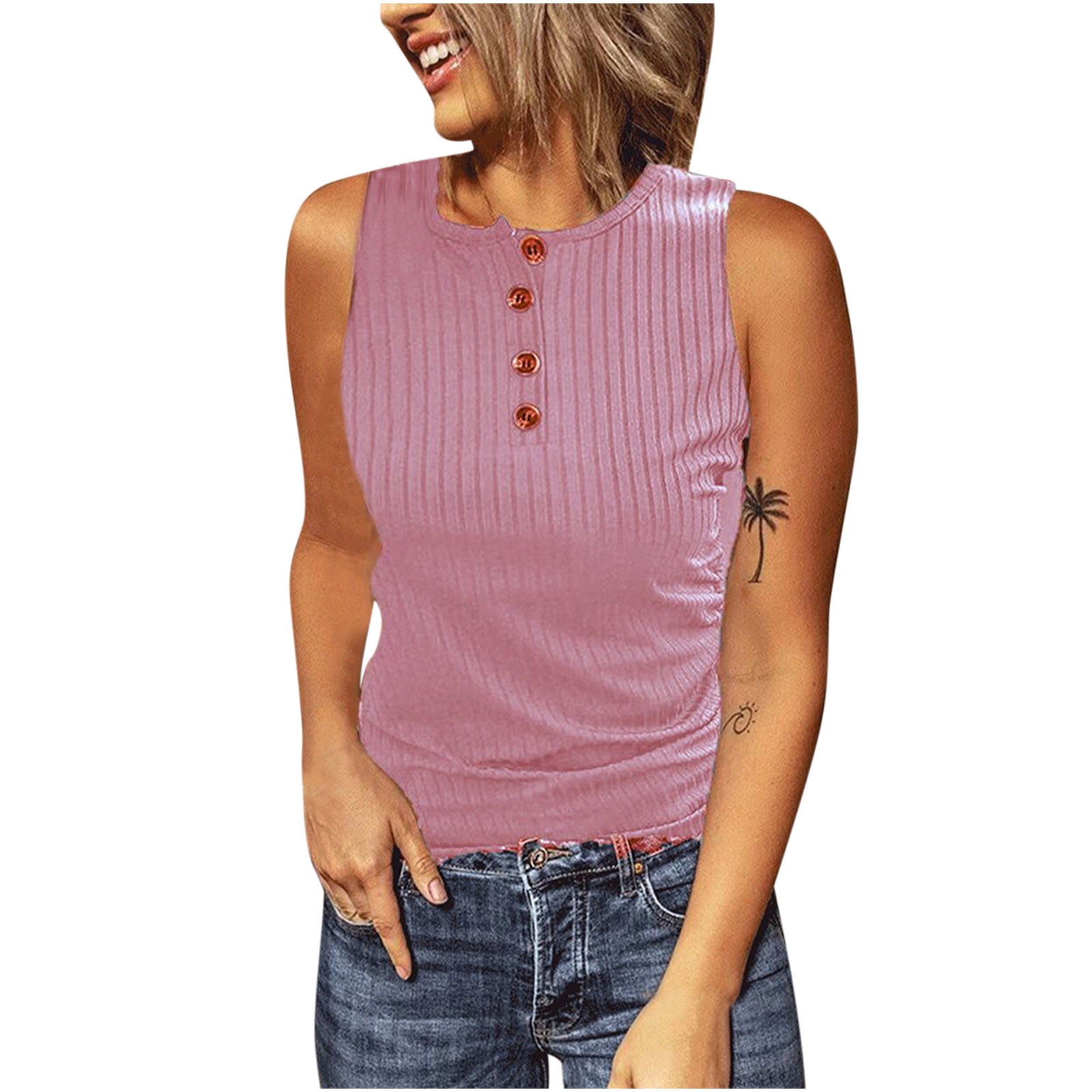 Ersazi Summer Dresses Casual Tanks Sleeveless Buttons Slimming Solid Round Neck Pullover Vest