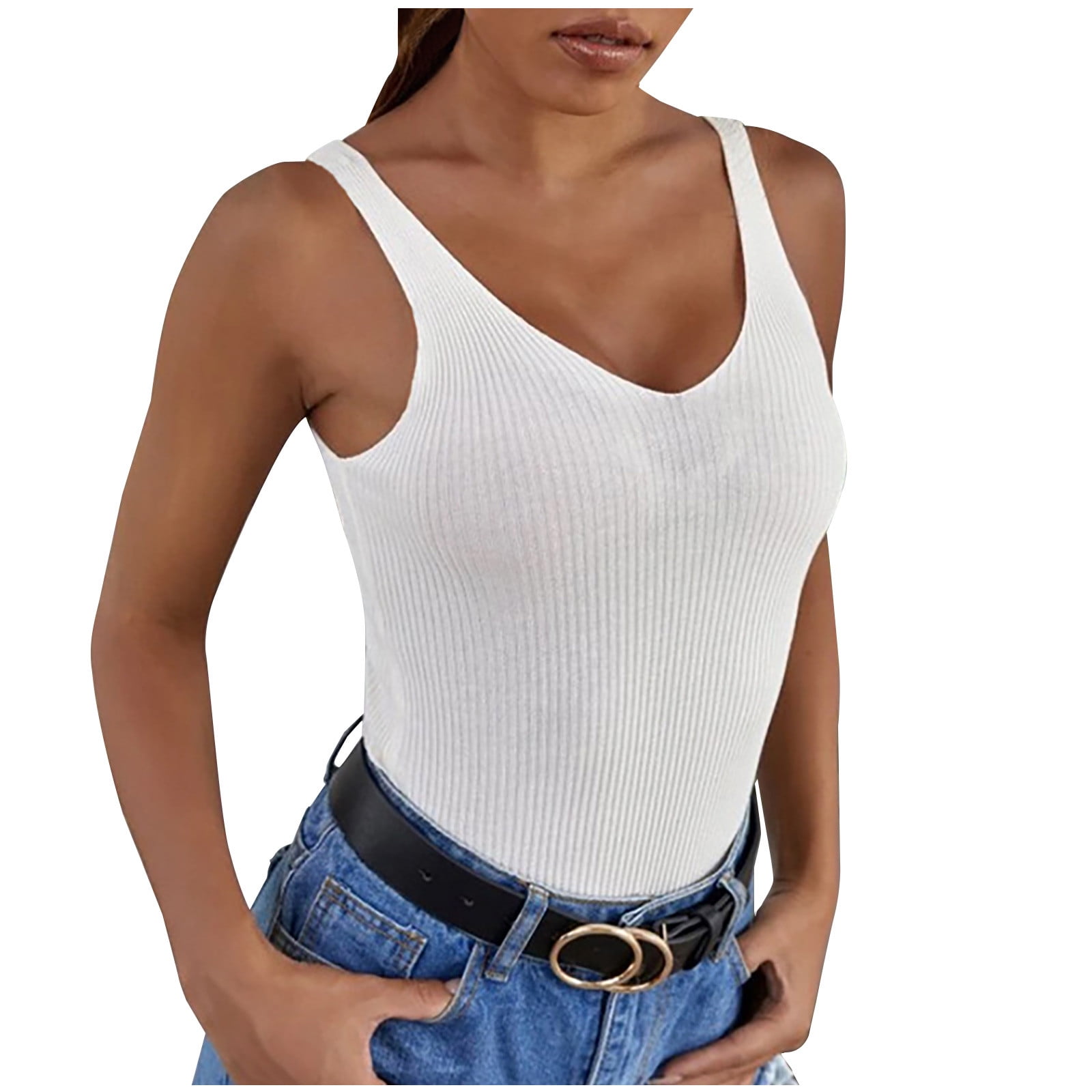 Ersazi Vacation Tops For Women Casual Solid V Neck Crop Tanks Top