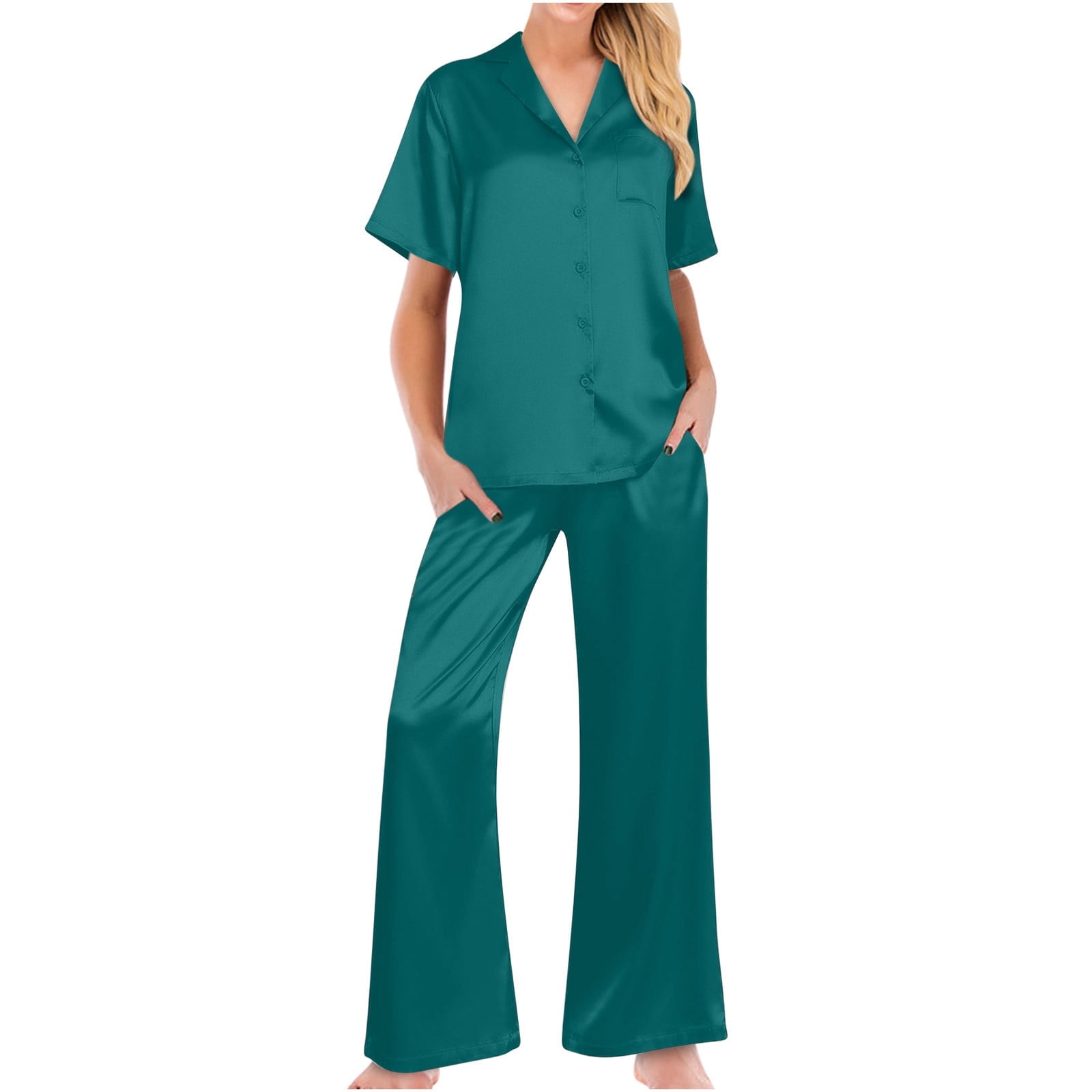 Ersazi Women'S Silk Satin Pajama 2 Piece Outfits Short Sleeve Crop Top ...