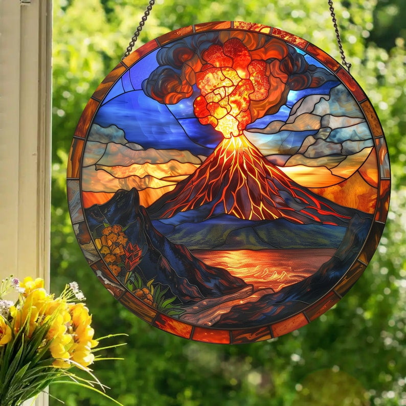 Erupting Volcano: Stained Glass Style Wall or Window Hanging - Walmart.com