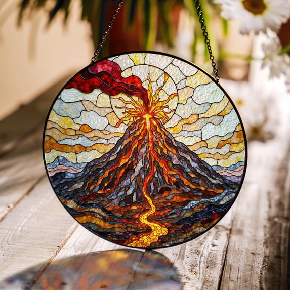 Erupting Volcano Stained Glass Suncatcher, Dramatic Nature Window ...