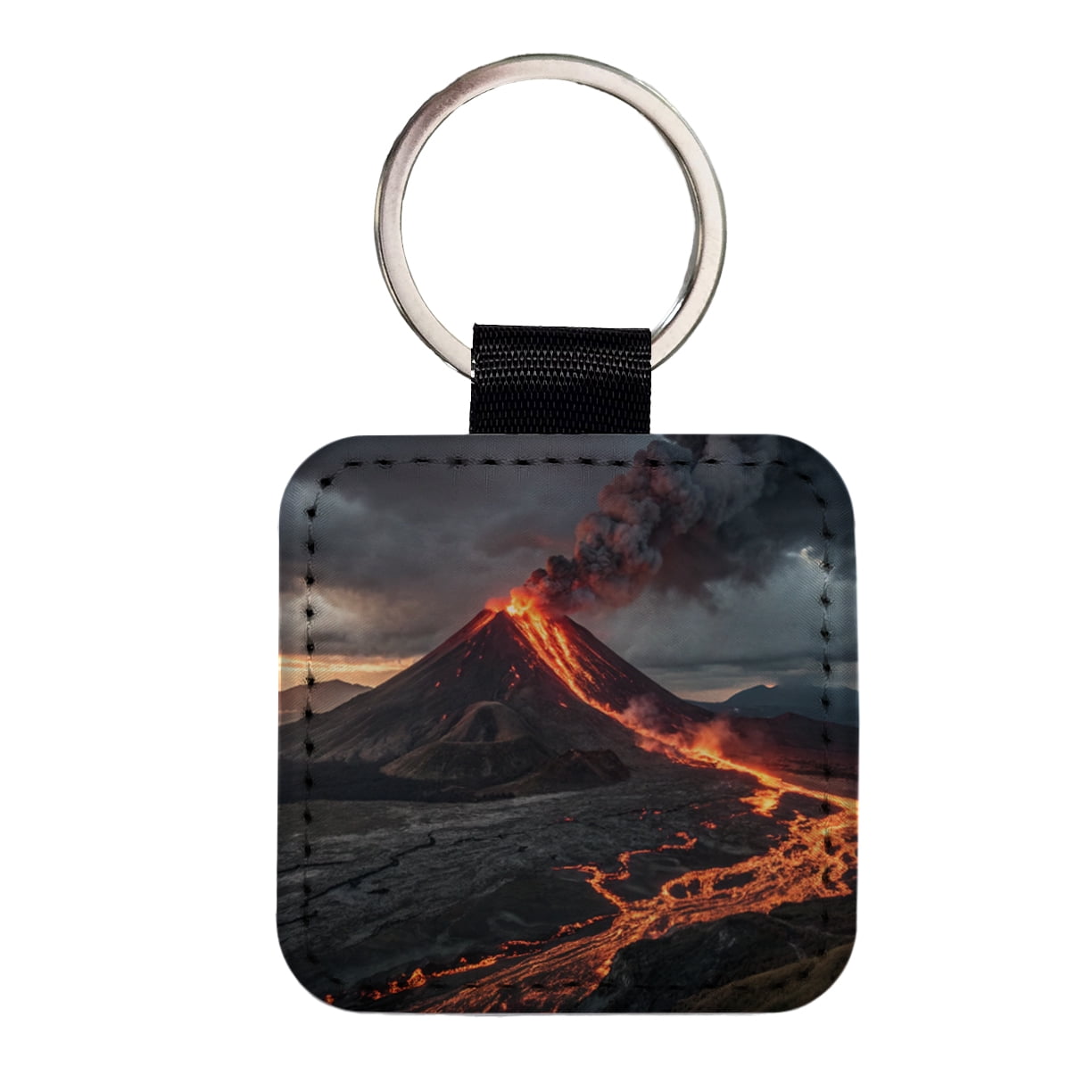 Erupting Volcano With Flowing Lava Faux Leather Square Keychain ...