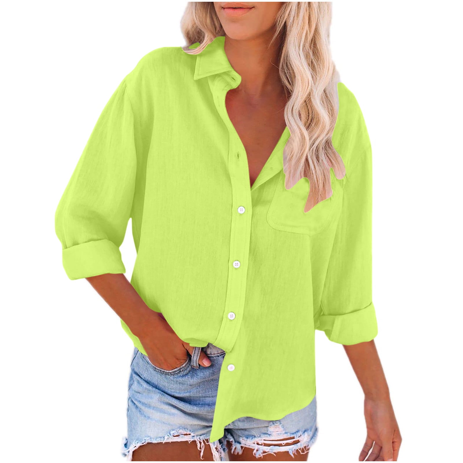 Erwazi Linen Button Down Shirts for Women Roll Up Long Sleeve V Neck ...