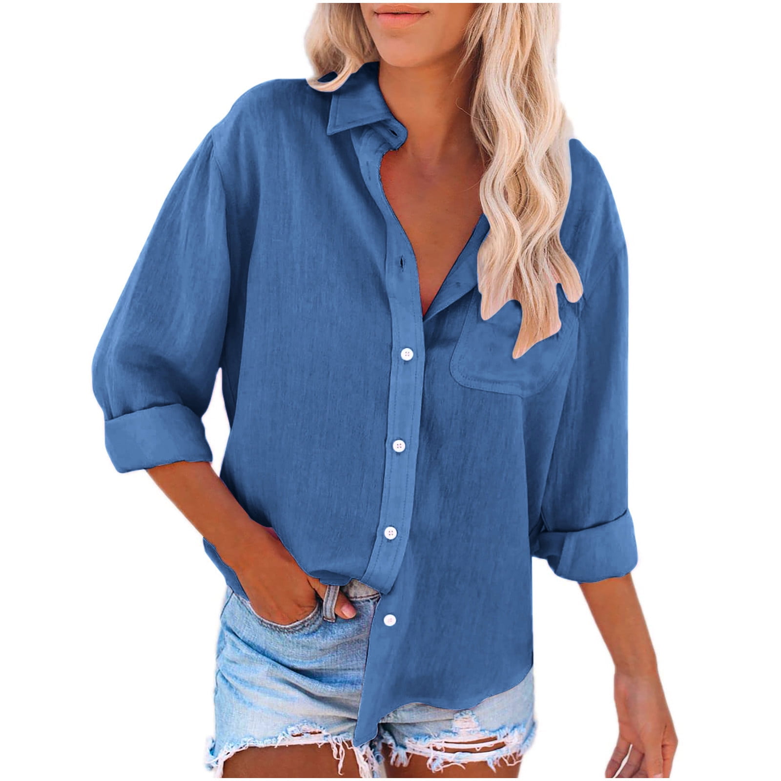 Erwazi Linen Button Down Shirts for Women Roll Up Long Sleeve V Neck Blouse Tops with Pockets ...