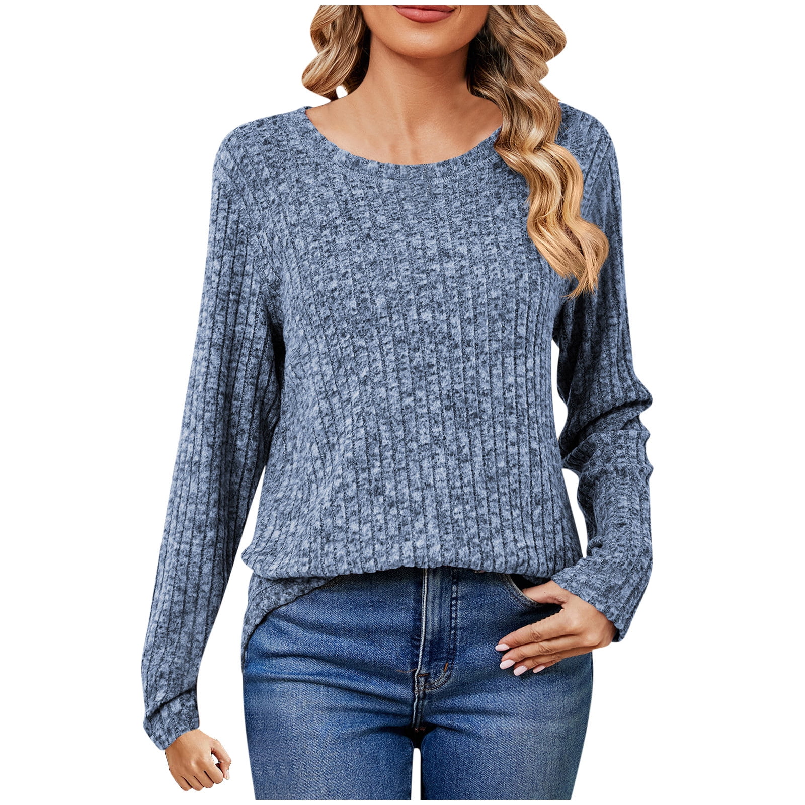 Erwazi Long Sleeve Shirts for Women Crew Neck Ribbed Knit Tops Casual ...