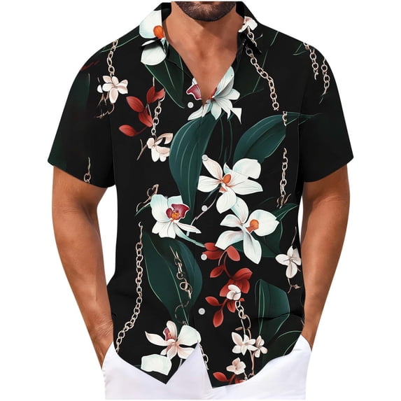 Erwazi Men's Hawaiian Printed Button Down Collared Shirt Short Sleeve ...