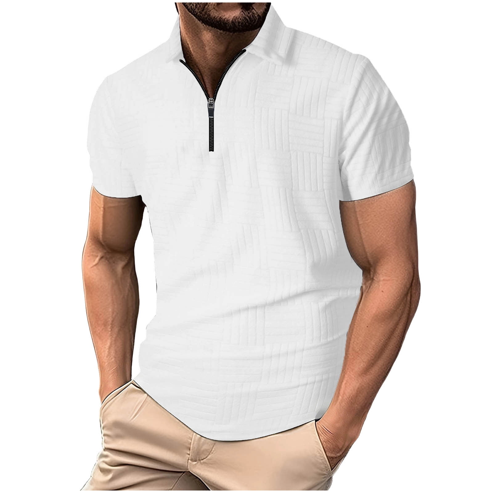 Erwazi Men's Solid Color Zip Collar T-Shirt Short Sleeve Casual ...