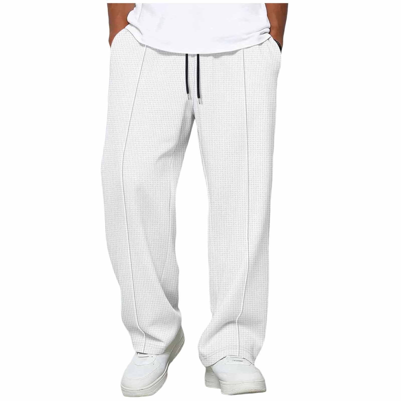 Erwazi Men's Solid Waffle Knit Pants Drawstring Waist Loose Straight ...