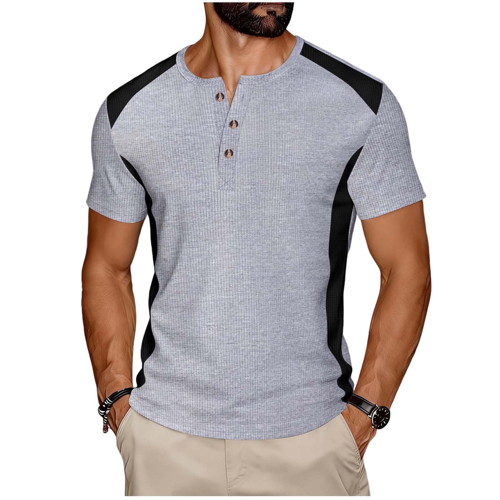 Erwazi Men's Summer Waffle Knit Color Block Henley Shirt Slim Fit Crew ...
