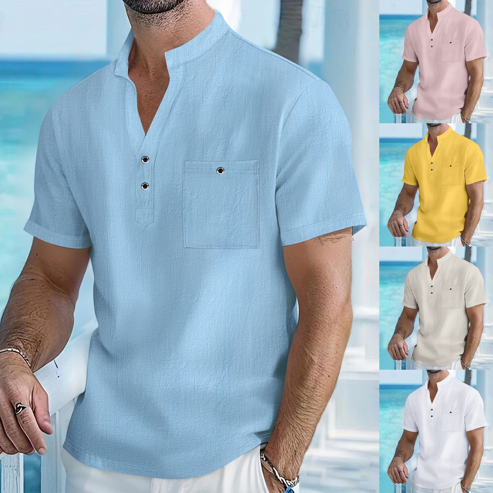 Erwazi Mens Flax T-Shirt Casual Solid Color Stand Collared Short Sleeve ...