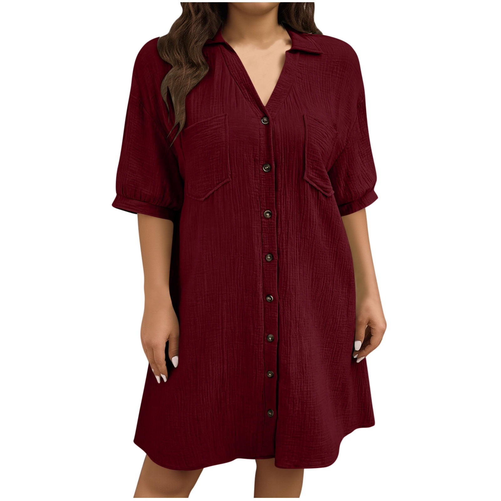 Erwazi Plus Size Shirt Dress for Women Solid Short Sleeve Button Down ...