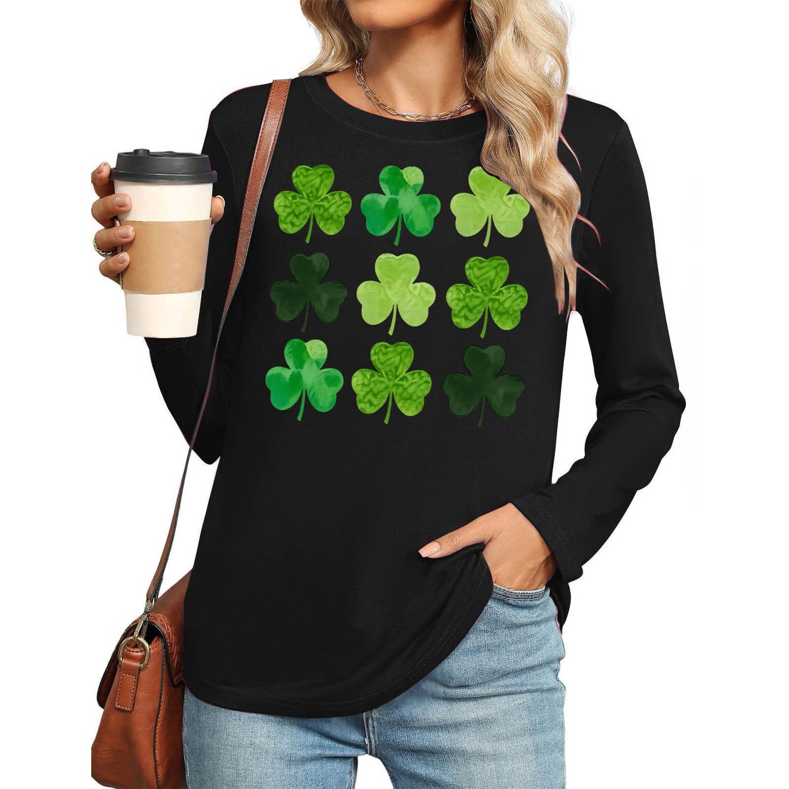 Erwazi St Patricks Day Women Long Sleeve T-Shirts Crewneck Clover Print ...