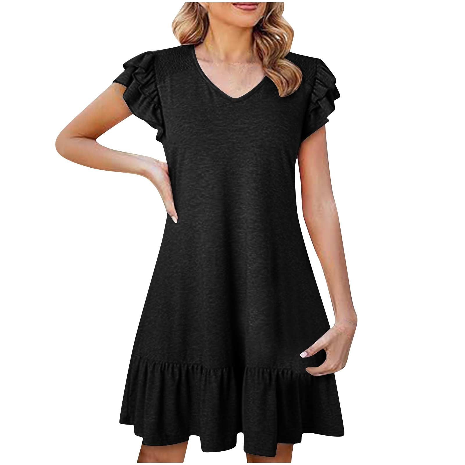 Erwazi Summer Flowy Dresses for Women Ruffle Short Sleeve V-Neck Swing ...
