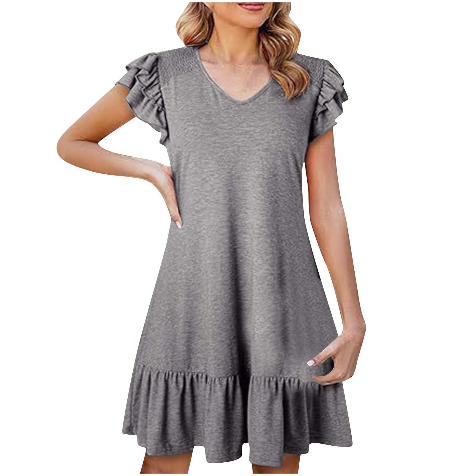 Erwazi Summer Flowy Dresses for Women Ruffle Short Sleeve V-Neck Swing ...
