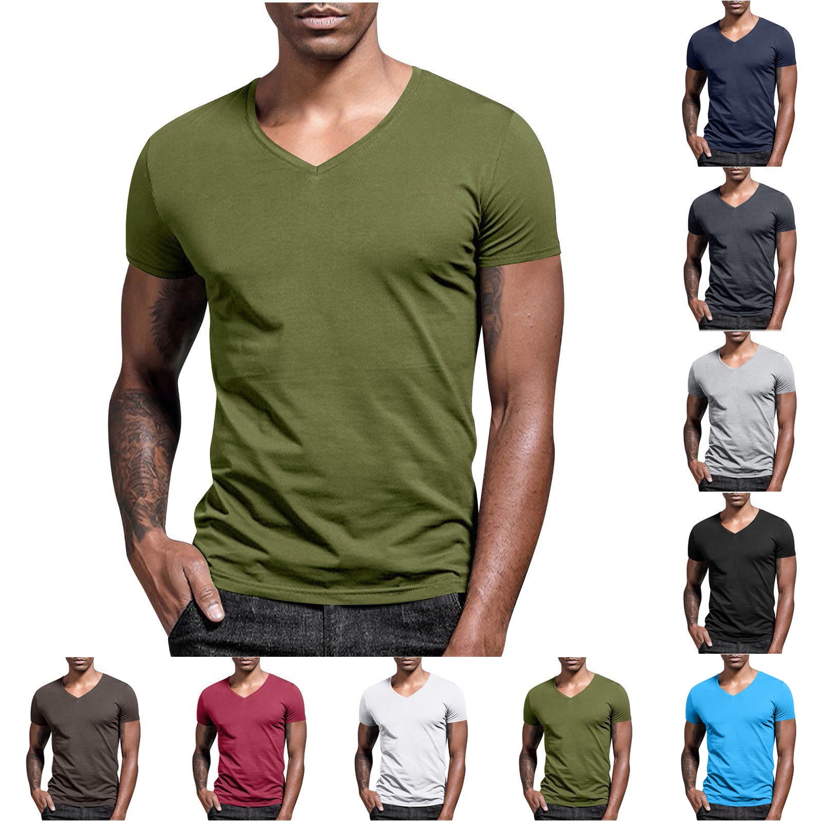 Erwazi T-Shirt for Men Casual V-Neck Short Sleeve Tees Solid Color ...