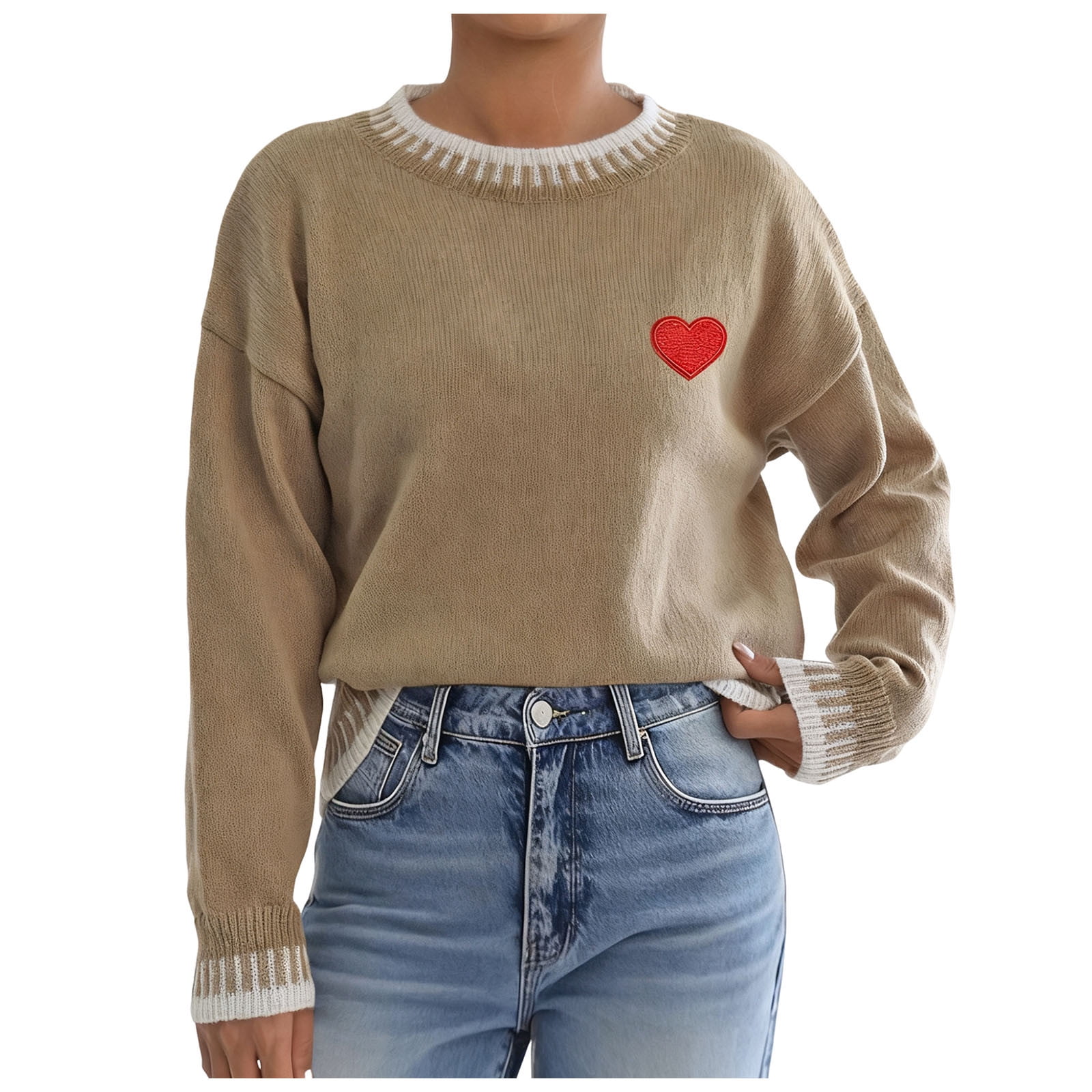 Erwazi Valentine's Day Sweaters for Women Cute Heart Solid Color Crew ...