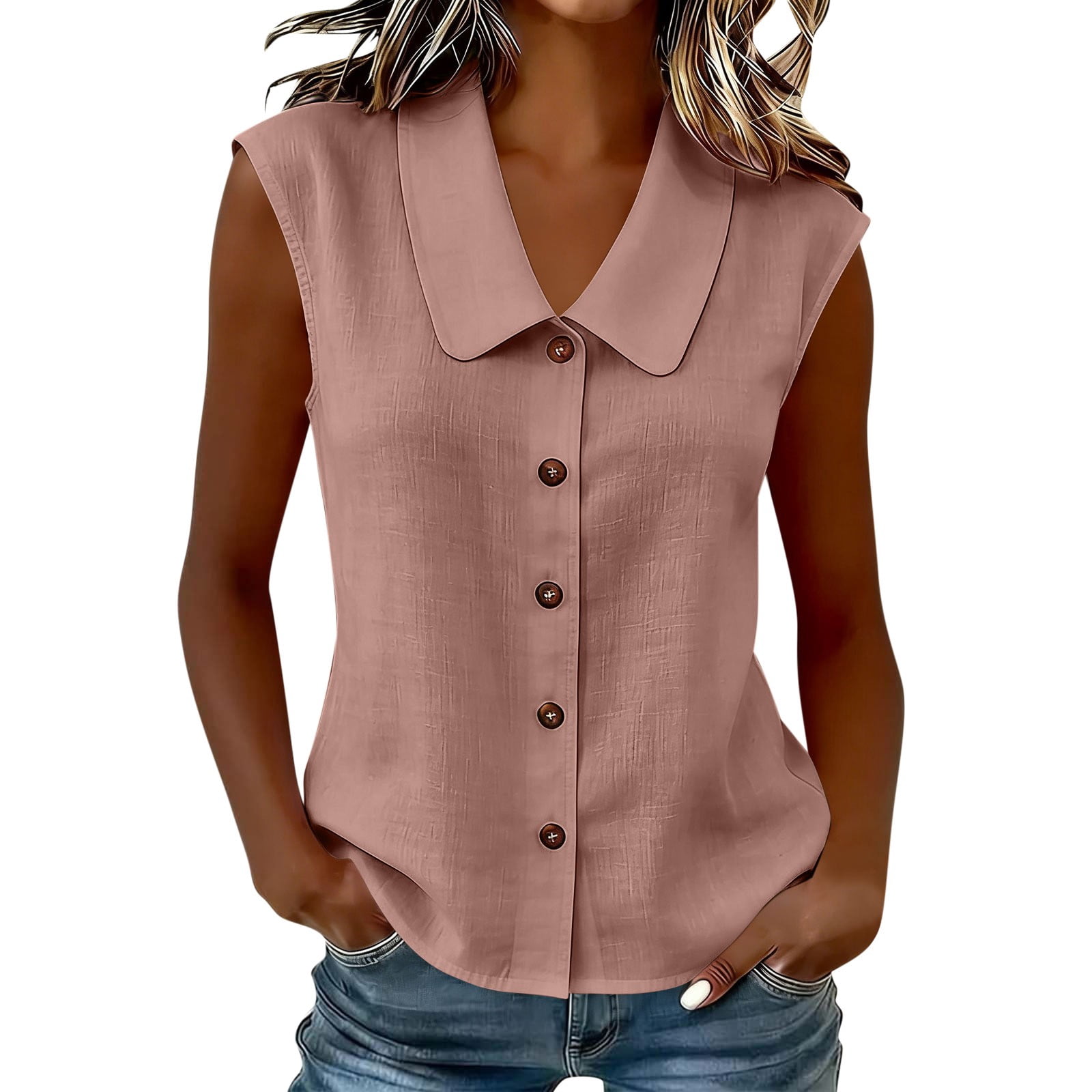 Erwazi Women's Button Down Shirt Tops Solid Peter Pan Collar Sleeveless ...