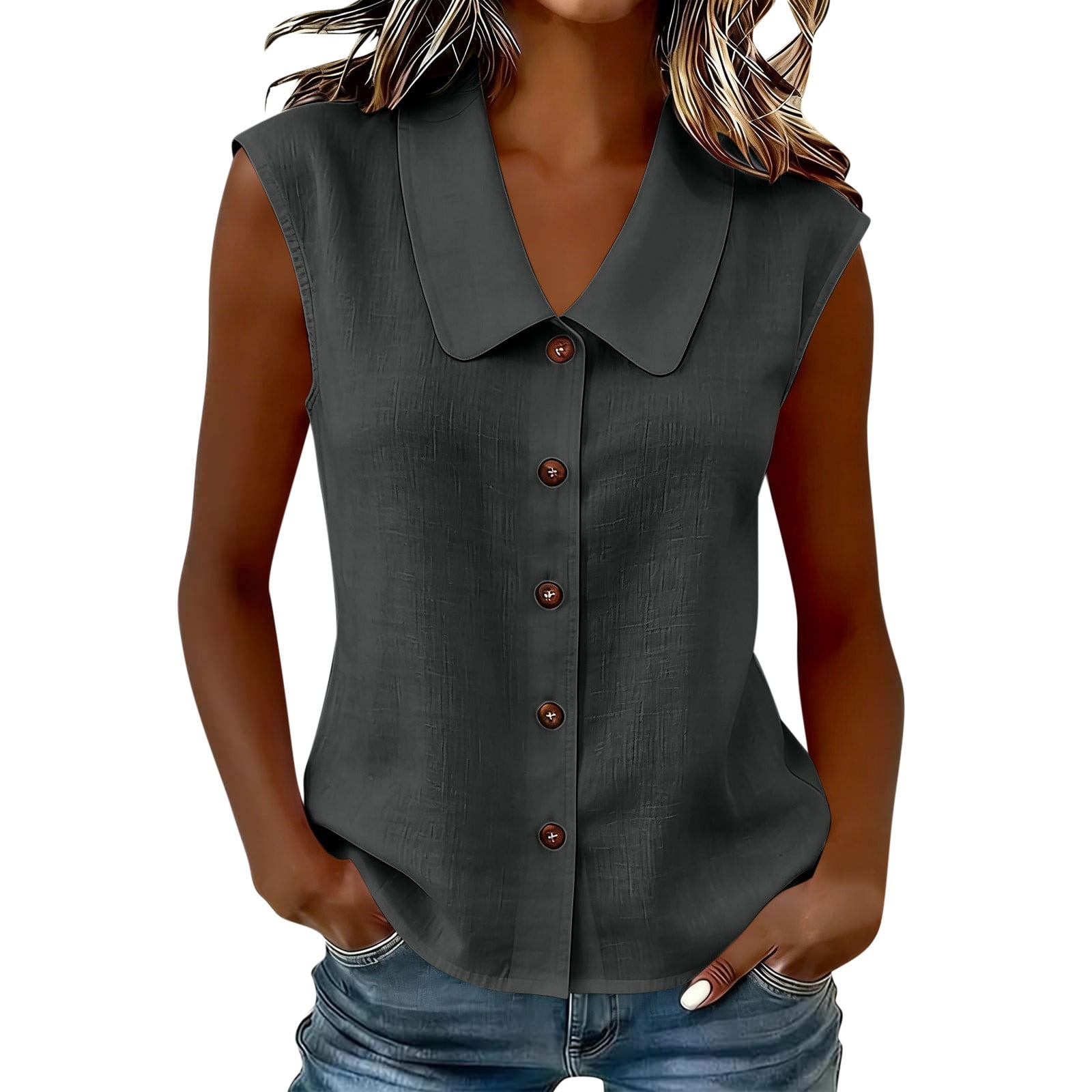Erwazi Women's Button Down Shirt Tops Solid Peter Pan Collar Sleeveless ...
