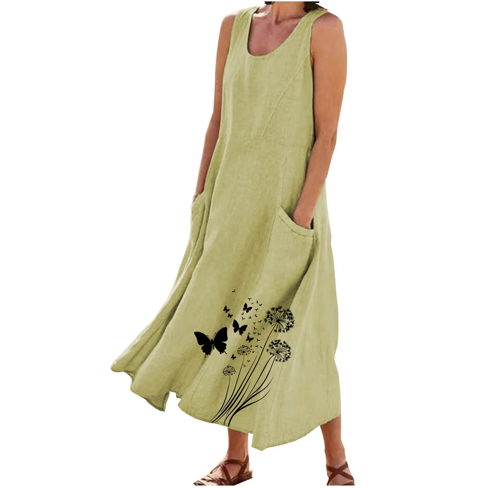 Erwazi Women's Cotton Linen Maxi Dress Floral Print Hem Crew Neck ...