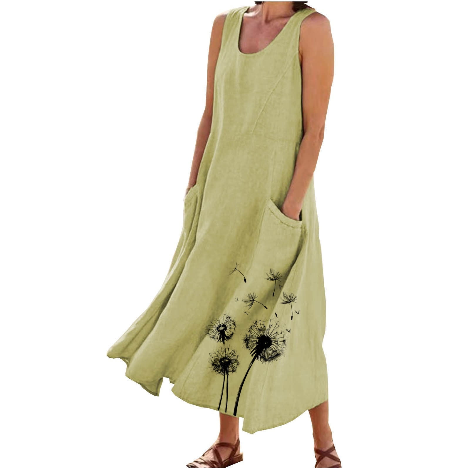 Erwazi Women's Cotton Linen Maxi Dress Floral Print Hem Crew Neck ...