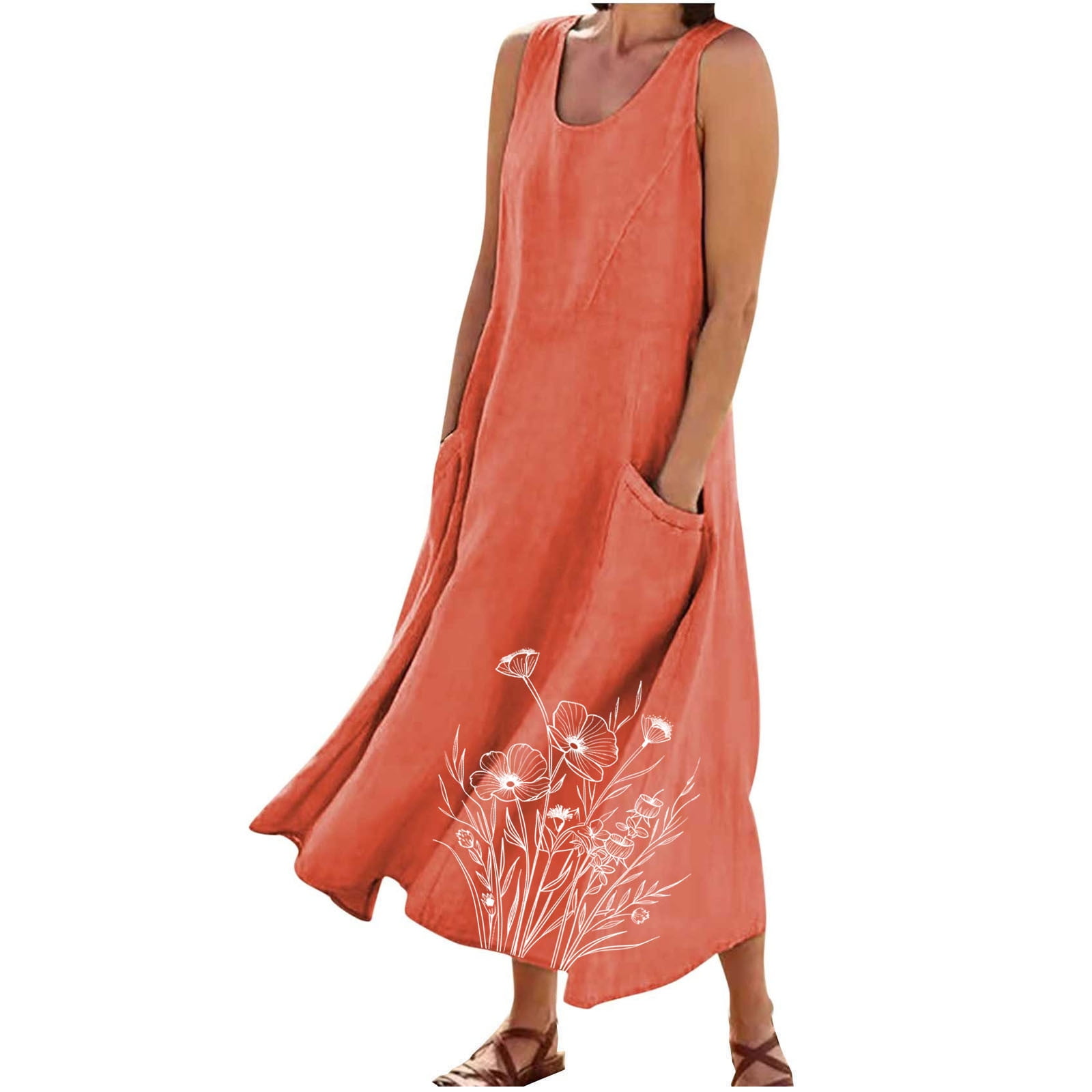 Erwazi Women's Cotton Linen Maxi Dress Floral Print Hem Crew Neck ...