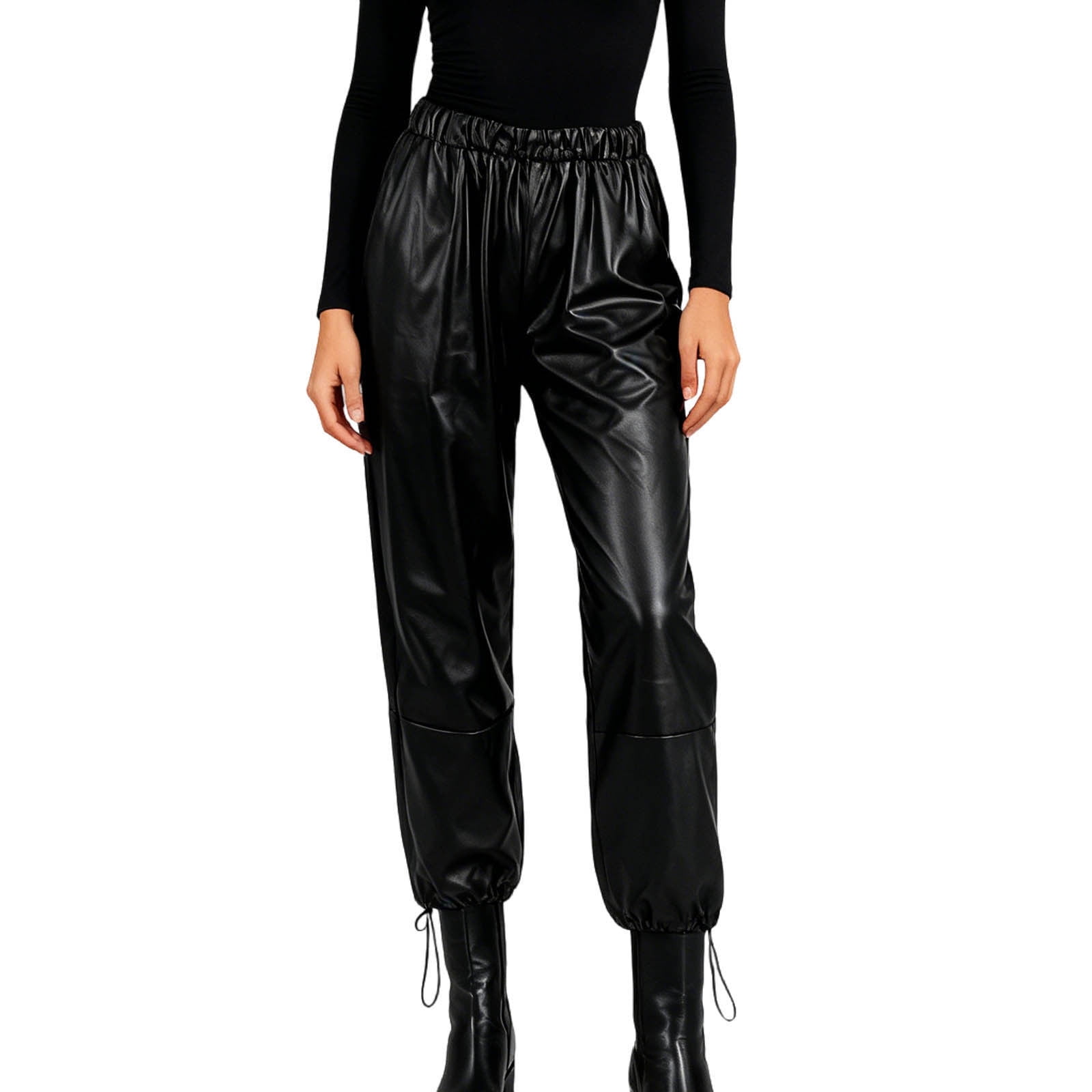 Erwazi Women's Faux Leather Pants Drawstring Waist Cuffed Ankle Elastic ...
