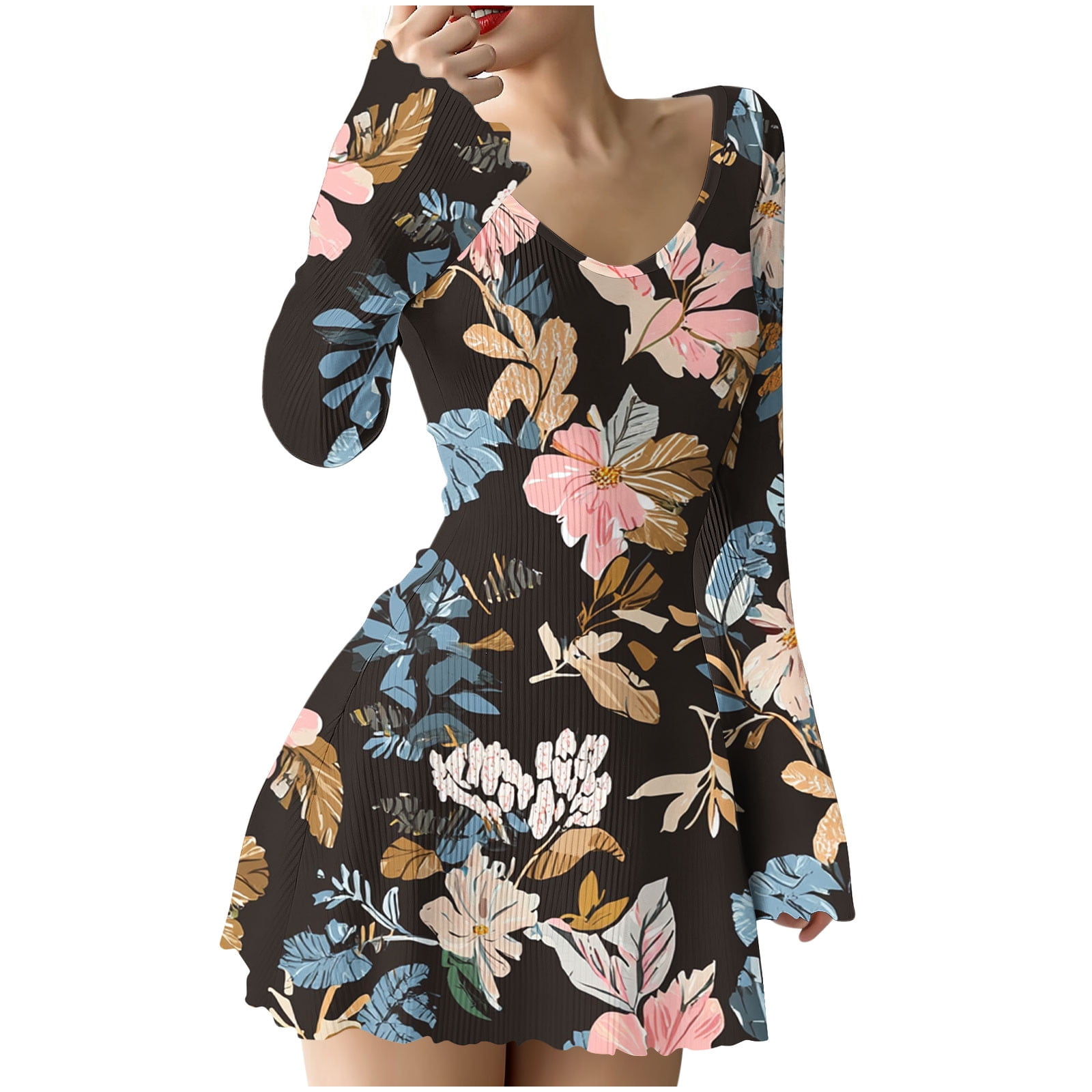 Erwazi Women's Floral Print Mini Dress Rib Knit V Neck Stretch Bodycon ...