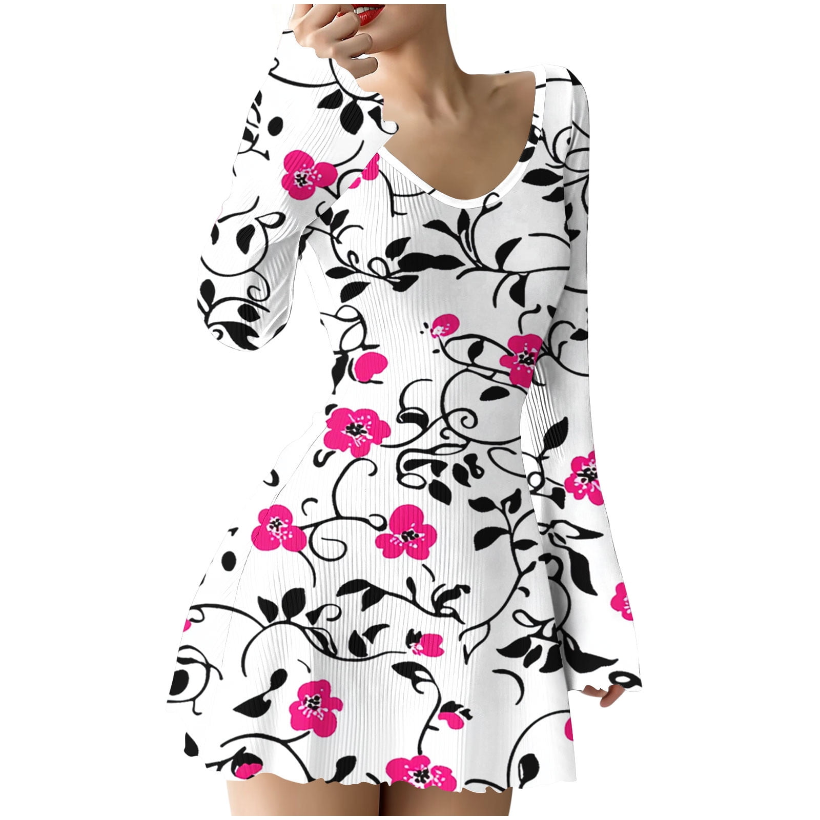 Erwazi Women's Floral Print Mini Dress Rib Knit V Neck Stretch Bodycon ...