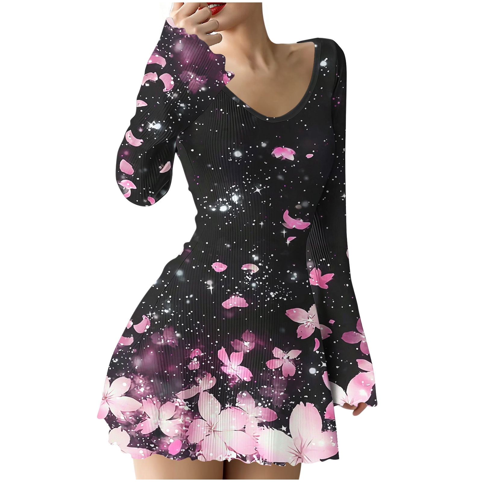 Erwazi Women's Floral Print Mini Dress Rib Knit V Neck Stretch Bodycon ...