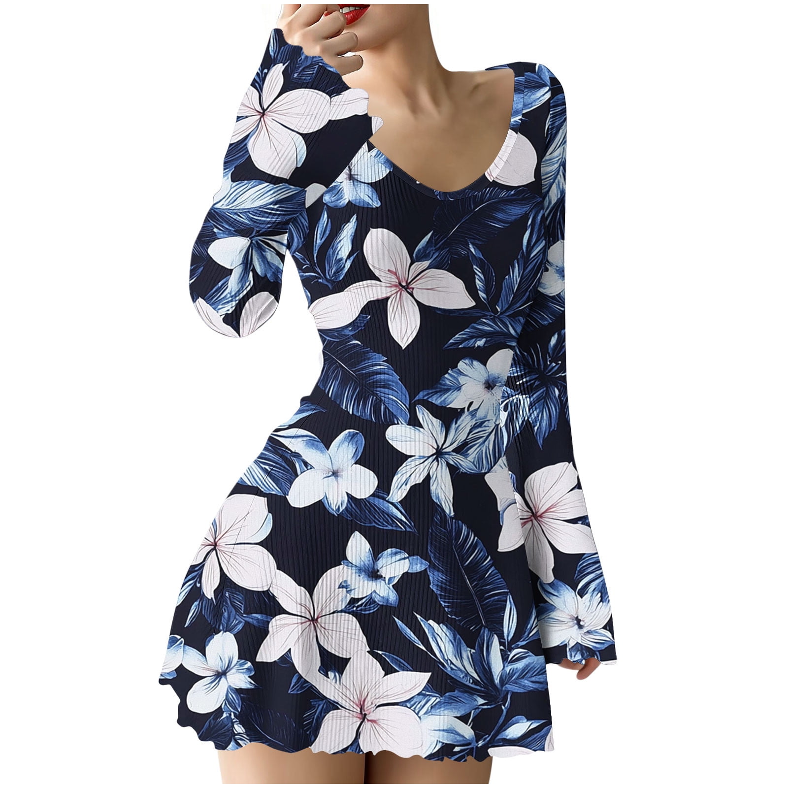 Erwazi Women's Floral Print Mini Dress Rib Knit V Neck Stretch Bodycon ...