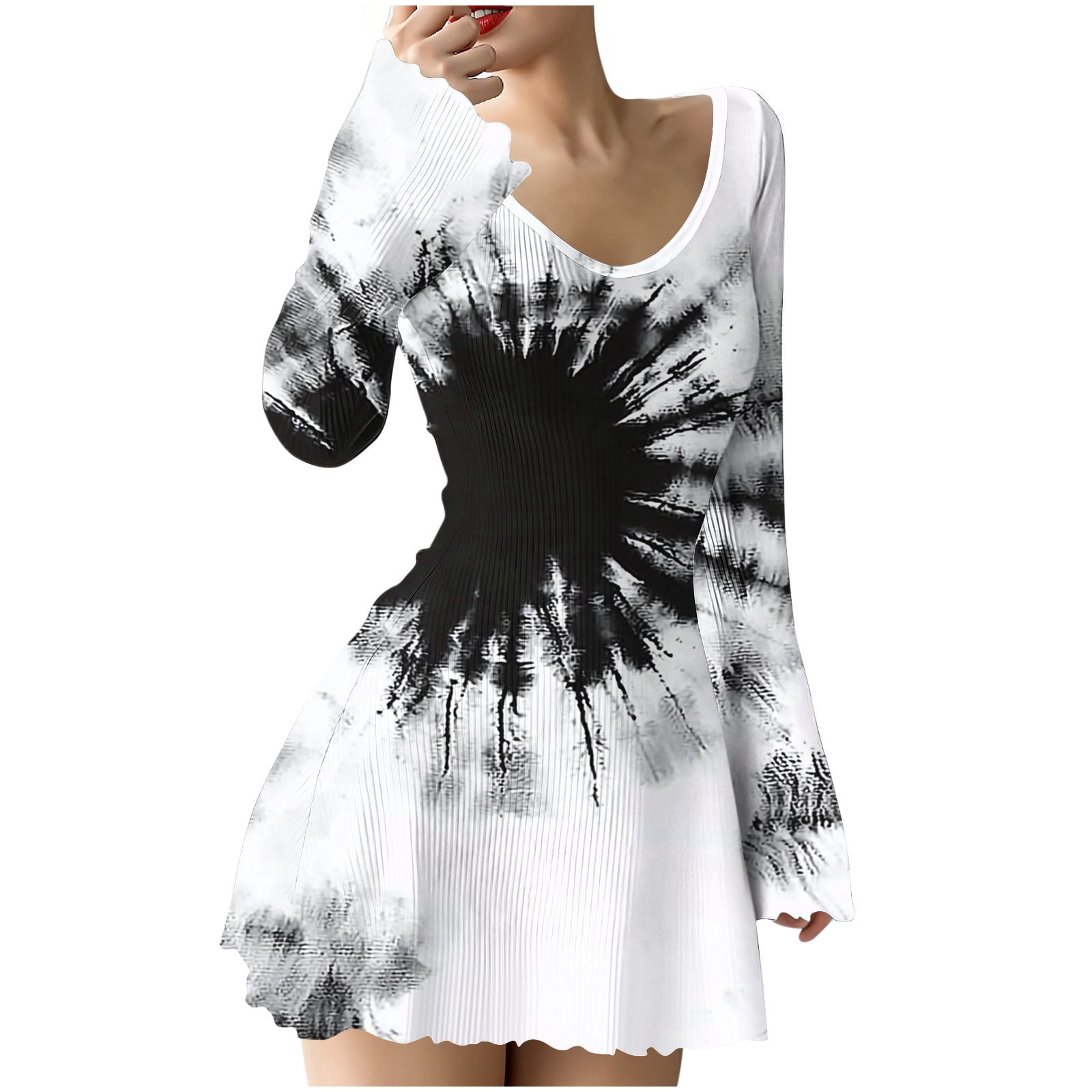 Erwazi Women's Floral Print Mini Dress Rib Knit V Neck Stretch Bodycon ...