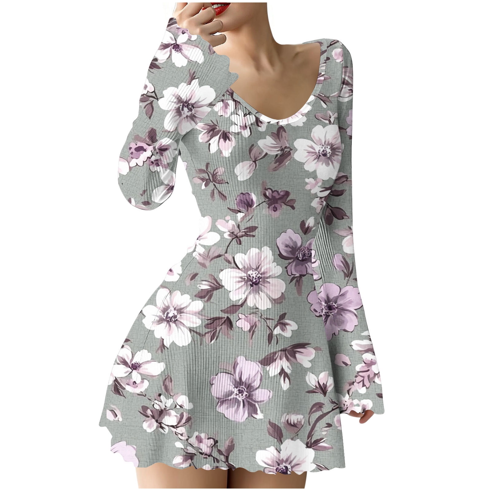 Erwazi Women's Floral Print Mini Dress Rib Knit V Neck Stretch Bodycon ...