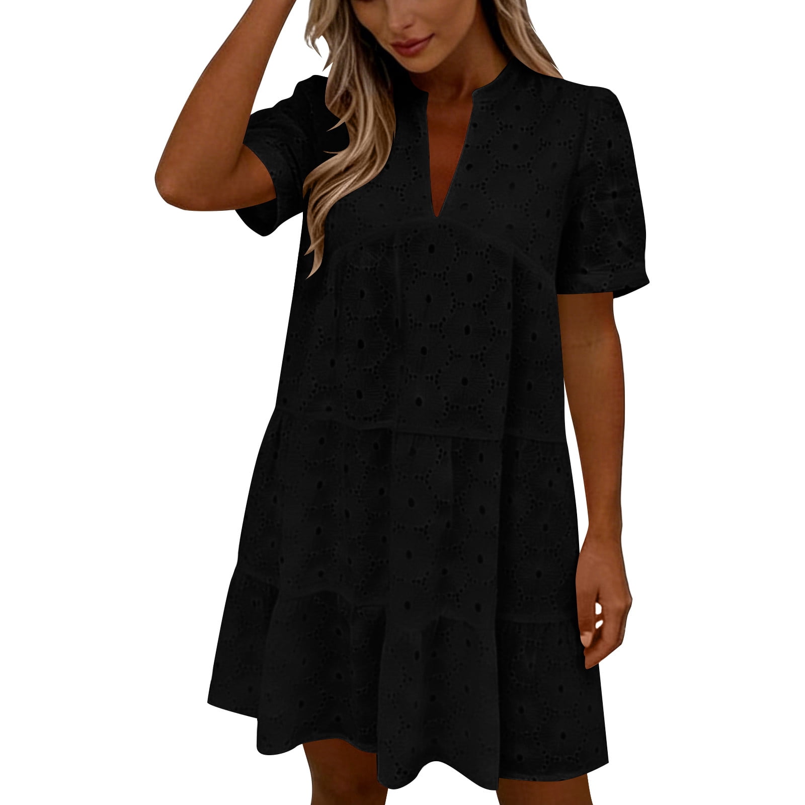 Erwazi Women's Short Sleeve Dresses Solid Knee Length V Neck Hollow ...
