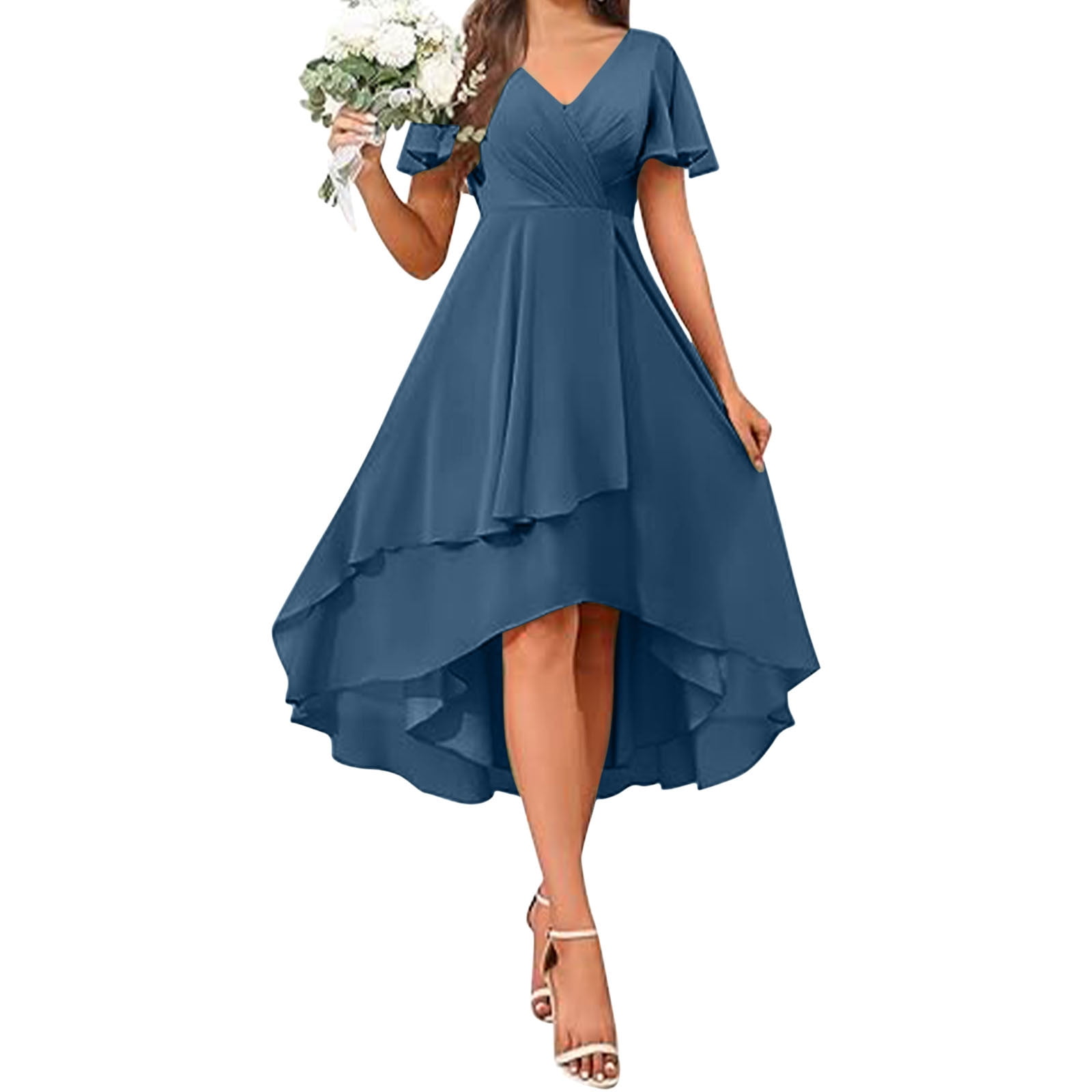 Erwazi Women's Solid A-Line Midi Dress Ruffled V Neck Short Flutter ...