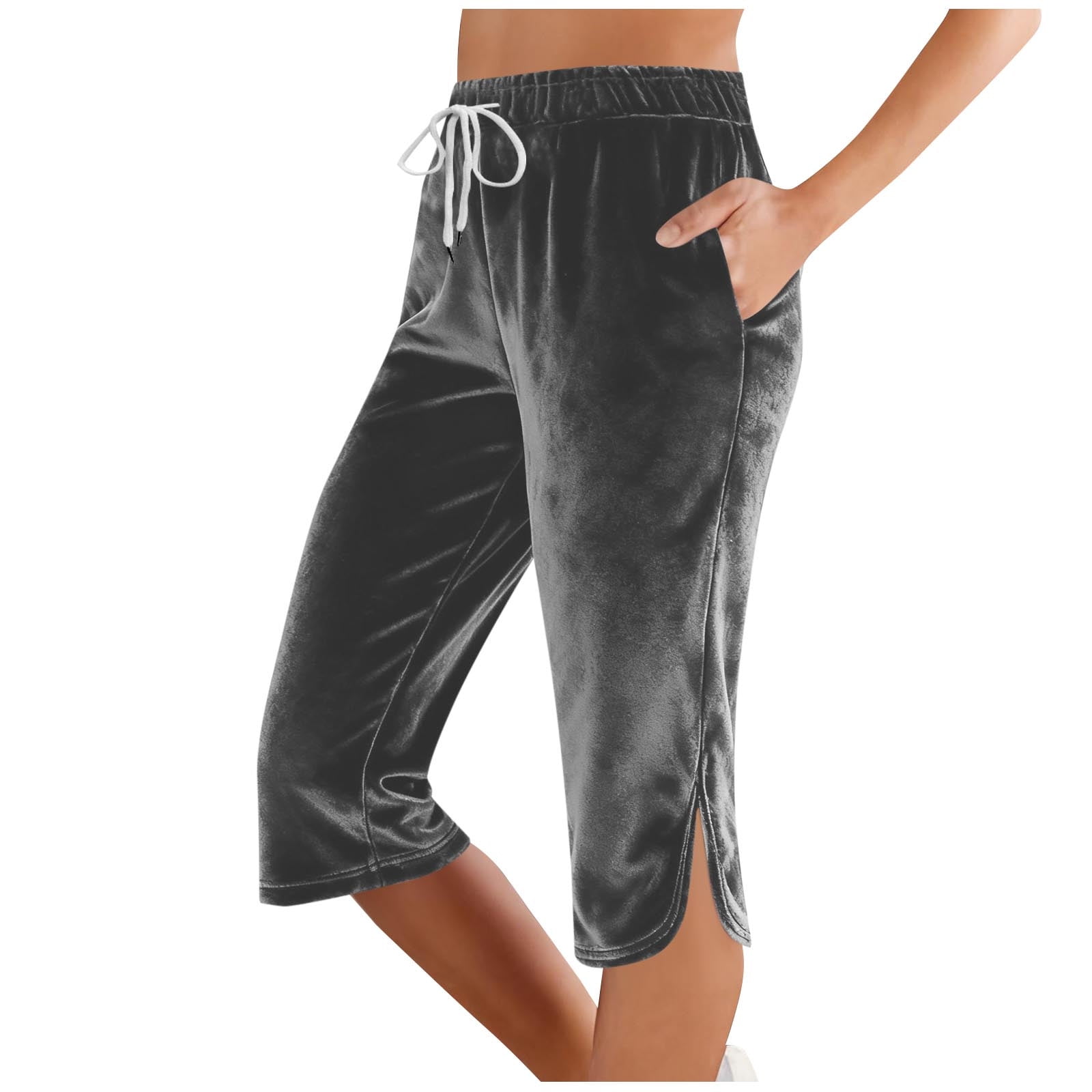 Erwazi Women's Solid Capris Drawstring Waist Straight Leg Split Hem ...