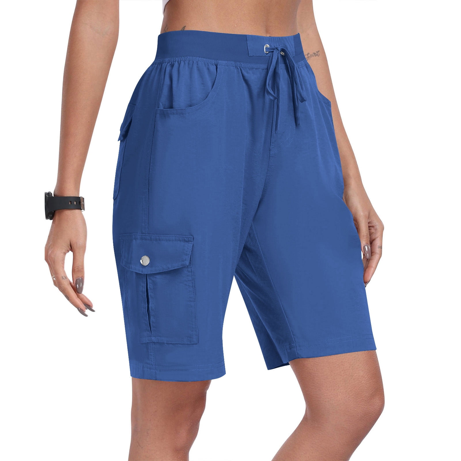 Erwazi Women's Solid Cargo Shorts Drawstring Waist Multi Pockets Knee ...