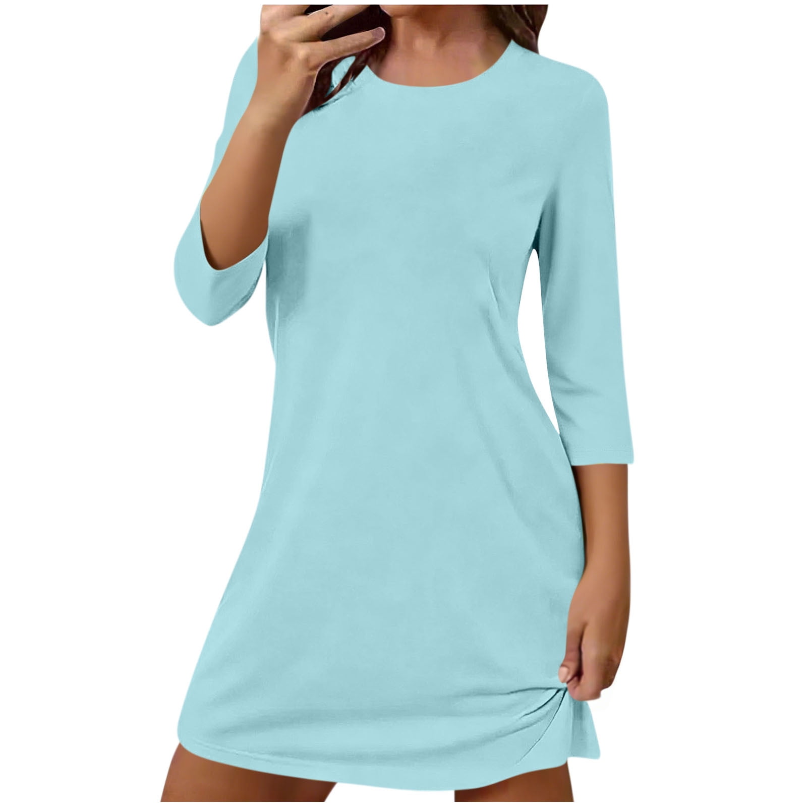 Erwazi Women's Solid Color Nightgown Round Neck 3/4 Sleeve Loose Mid ...