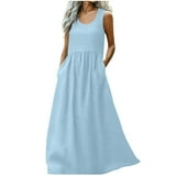 Erwazi Women's Solid Cotton Linen Maxi Dress Summer Sleeveless Crew ...