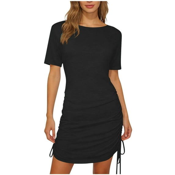 Erwazi Women's Solid Crew Neck Mini Dress Adjustable Drawstring Slim ...
