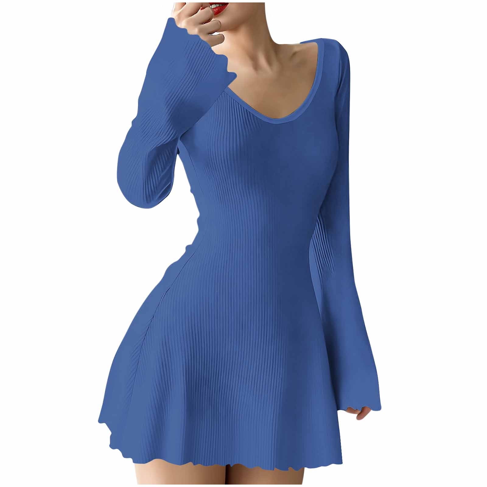 Erwazi Women's Solid Mini Dress Rib Knit V Neck Stretch Bodycon Casual ...